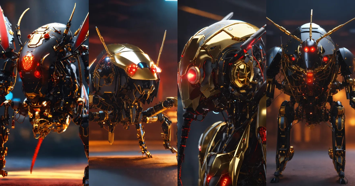 Lexica - Zoom out of standing black cockroach faced humanoid robot with ...