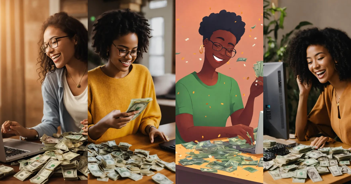 Lexica - A person with computer counting money and happy