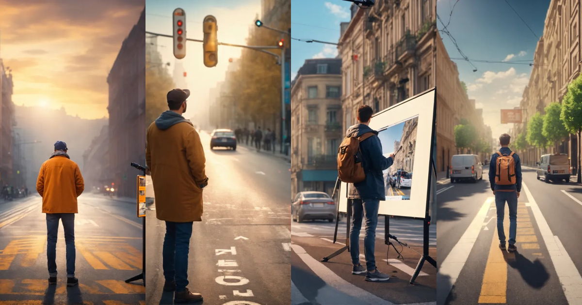 Lexica - View from behind, graphic designer stading in the street while ...