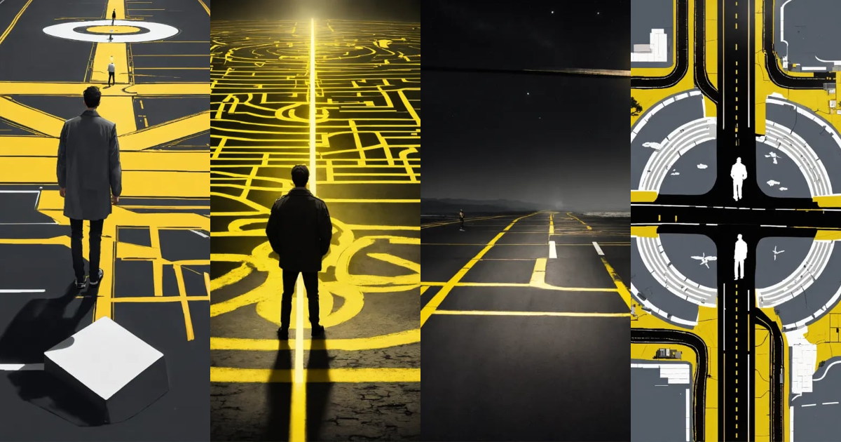 Lexica - A man at a crossroads, the road splits into 3 paths, 3 ...