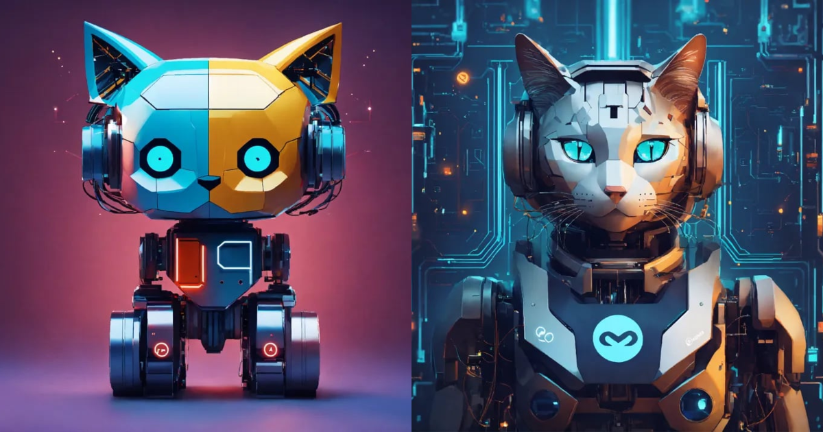 Lexica - AI and brain interface, cat robot character, "M", logo, low ...
