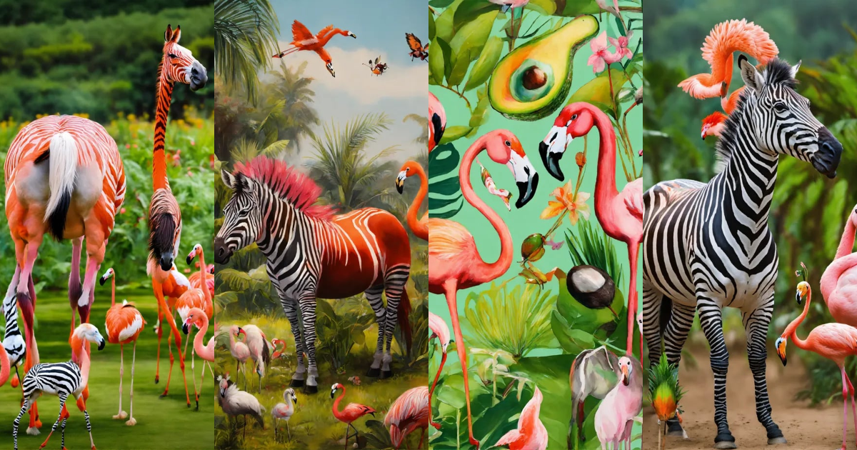 Lexica - Zebra and flamingo and ant and avocado and horses mixed painted