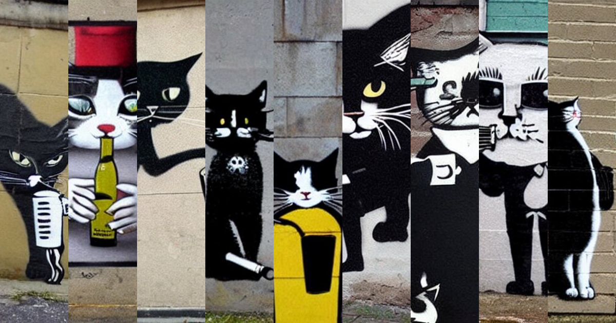 Lexica - Street art of an alcoholic cat who drink wine, by banksy