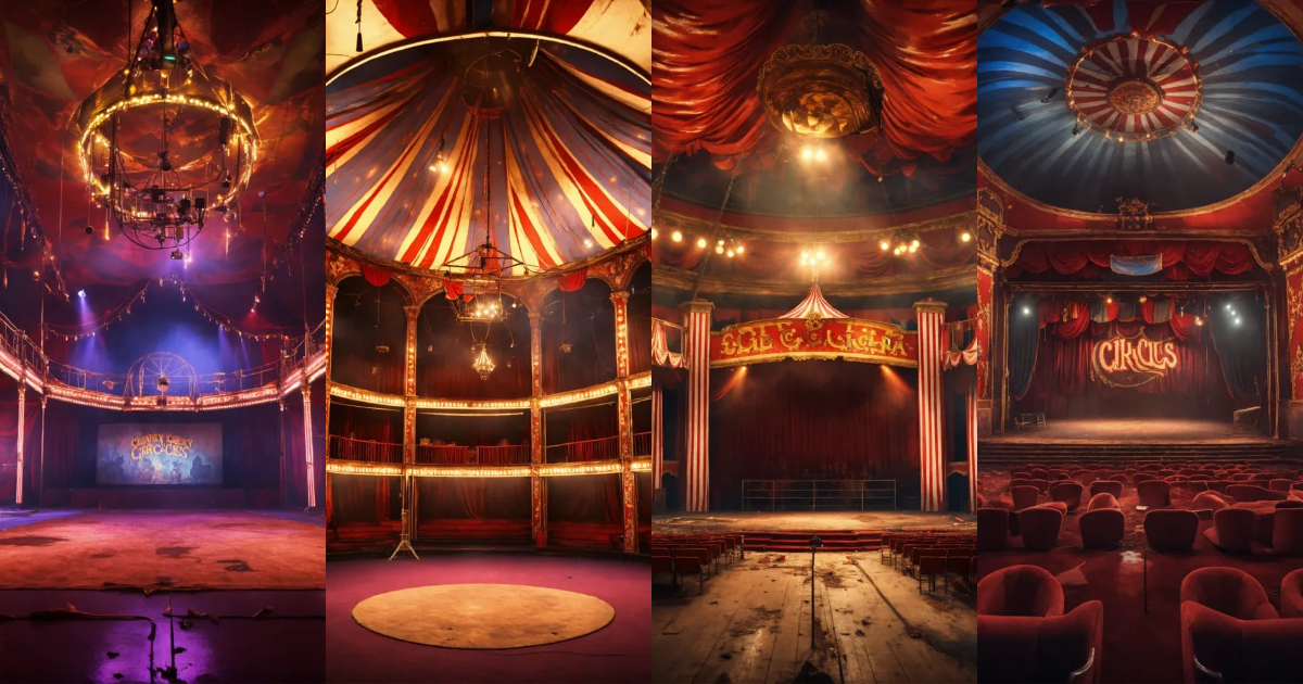 Lexica - Inside an abandoned haunted circus, close up to the stage in ...