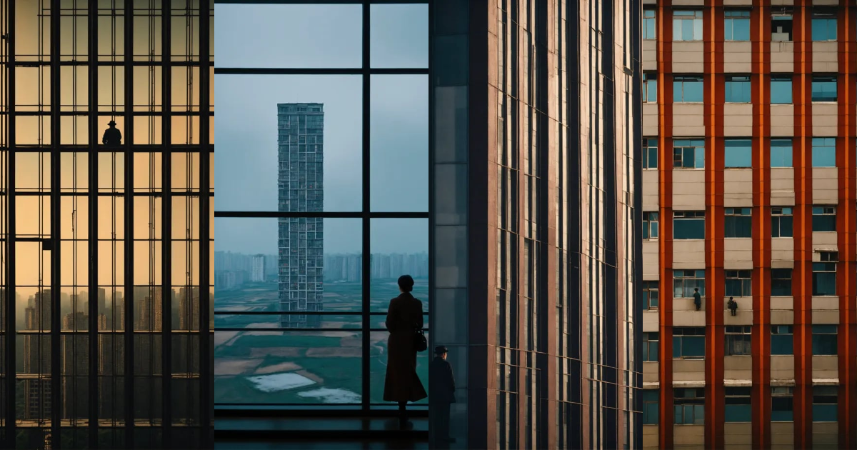 Lexica - Some people look over tall building windows, in the style of ...