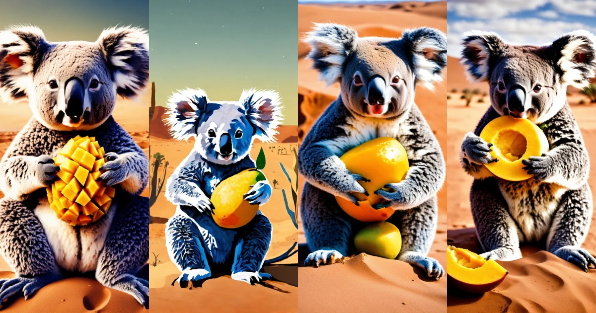 Lexica - A koala eating mango in the Sahara desert in the style of Picasso]