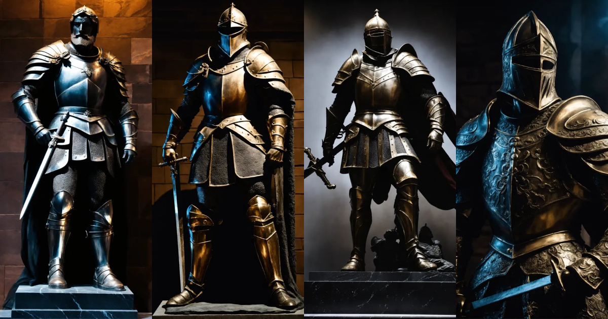 Lexica - A muscular Medieval knight statue set against a background of ...