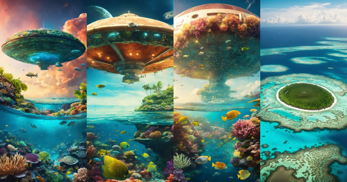 Lexica - The Great Barrier Reef, alien spaceship above the sky, earth ...