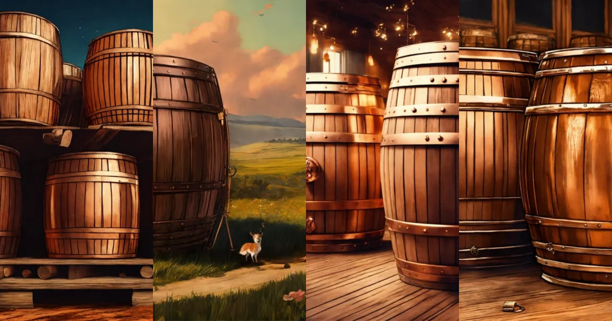 Lexica - Luxurious 1000 wood copper barrels surreal drawing illustrations