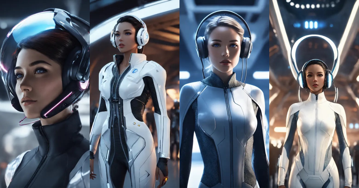 Lexica - Wide shot of a female super spy wearing a tight futuristic spy ...