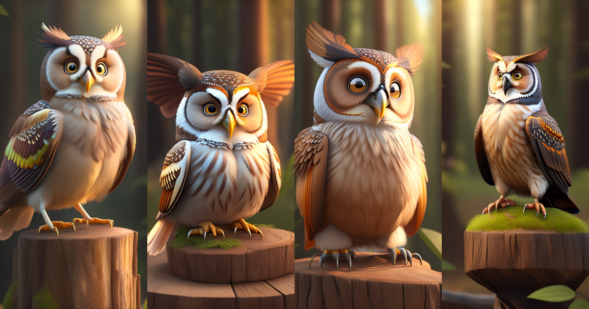 Lexica - 3D old owl, wise character, sitting on a tree stump, Pixar ...