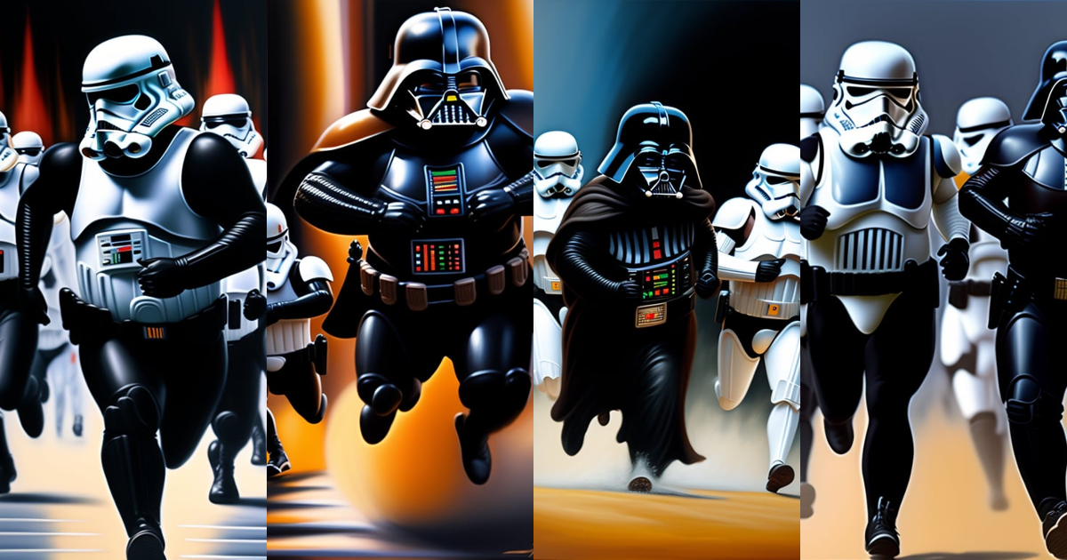 Lexica - Overweight Darth Vader running with Stormtroopers, oil ...