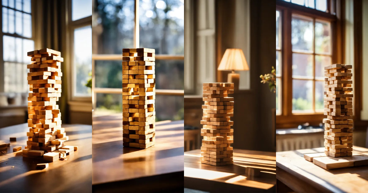 Lexica - Realistic photograph of a jenga game on a table. the light is ...