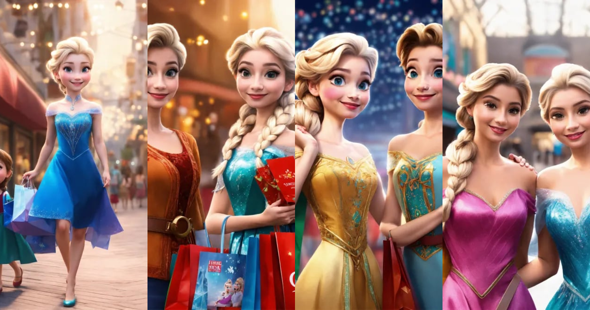 Lexica - ELSA e sua irmã Ana, saindo do shopping com muitas sacolas, sorrindo desenho animado ...