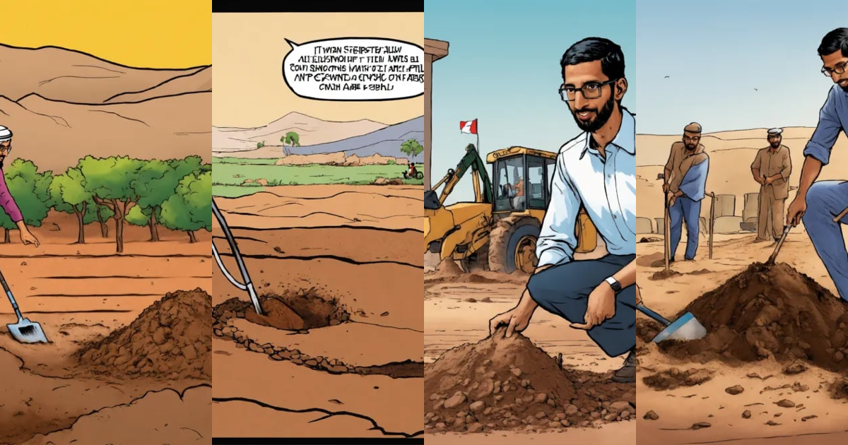 Lexica - Sundar Pichai comic strip of Arabs are digging the ground scene