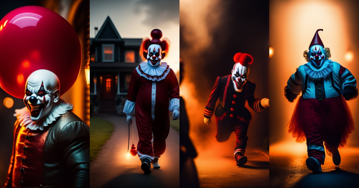 Lexica - Scary horror clown in a haunted house chasing people, balloons ...