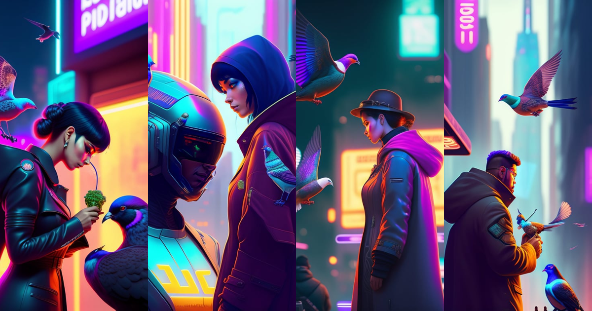 Lexica - Cyborg feeding electric pigeons in front of a neon church ...