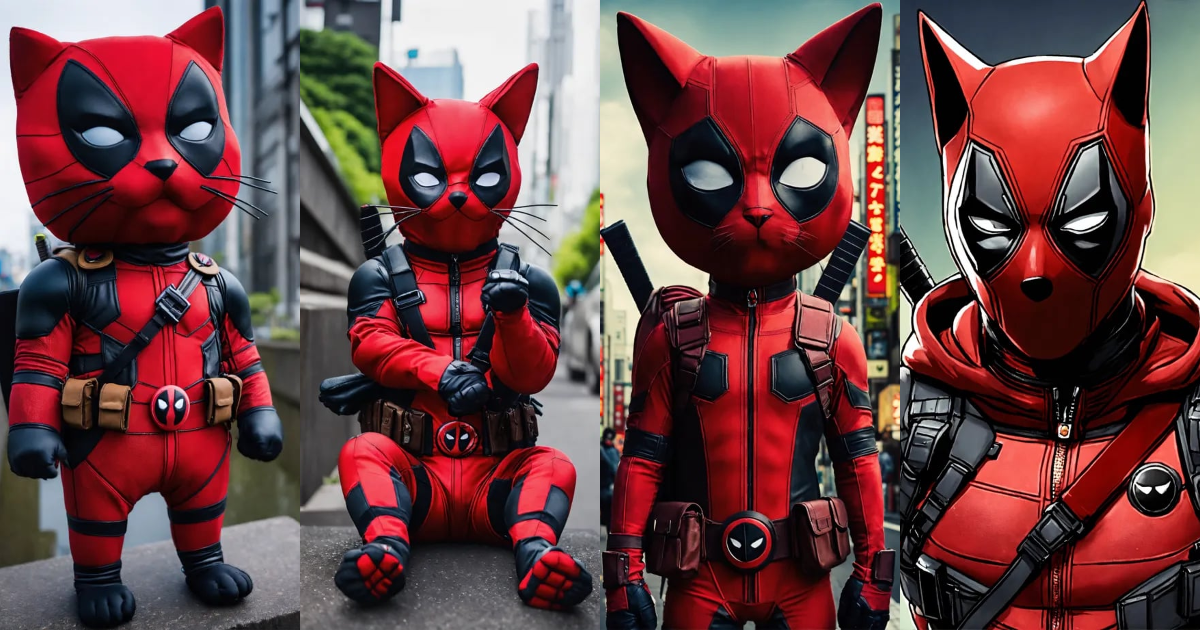 Lexica - A cat wearing a Deadpool suit in Tokyo catching villains ...