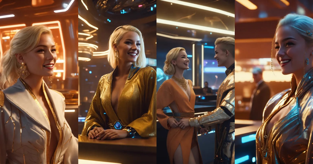 Lexica - Zoom out from an alluring blonde humanoid wearing a fancy ...