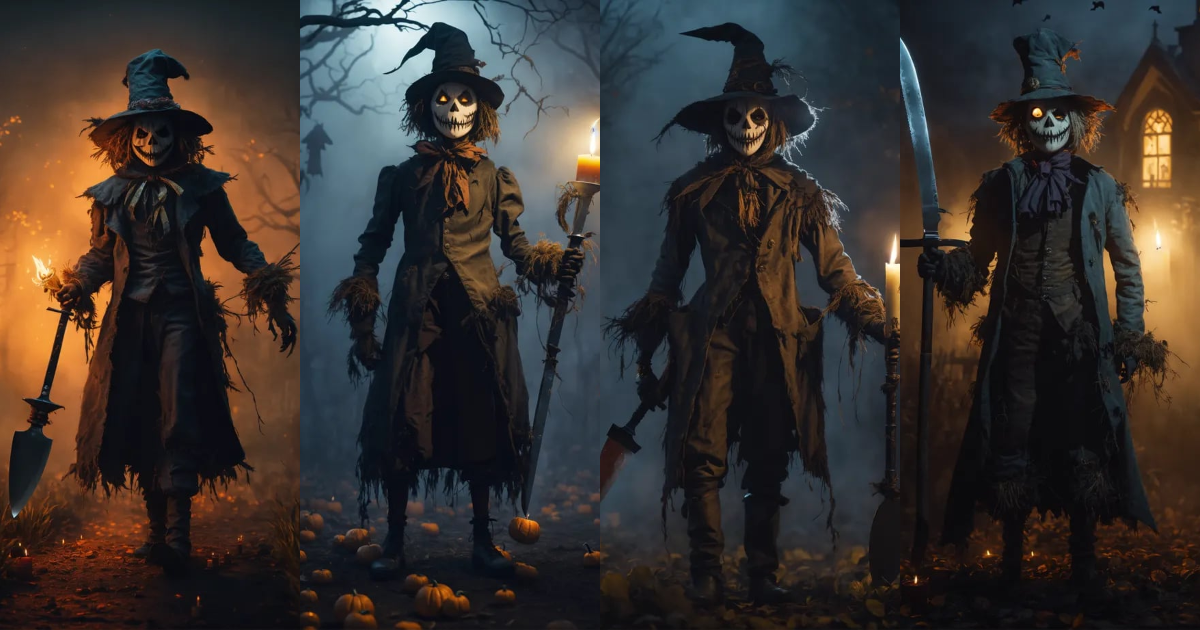 Lexica - A very scary scarecrow holding a large knife, Halloween, night ...