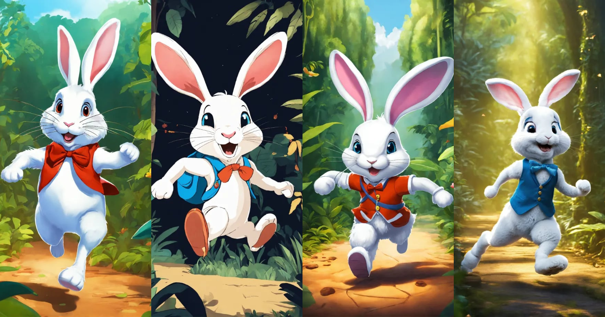 Lexica - Let cartoon white rabbit running on two legs in jungle