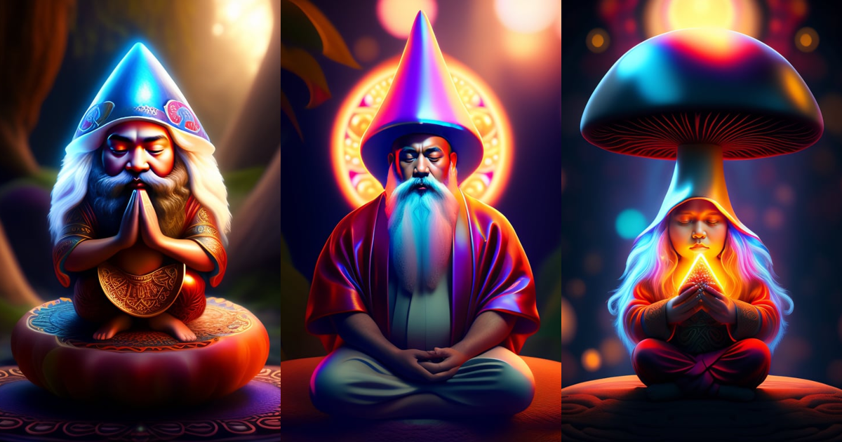 Lexica - Magic mushroom ,gnome meditating sitting on mushroom,third eye ...