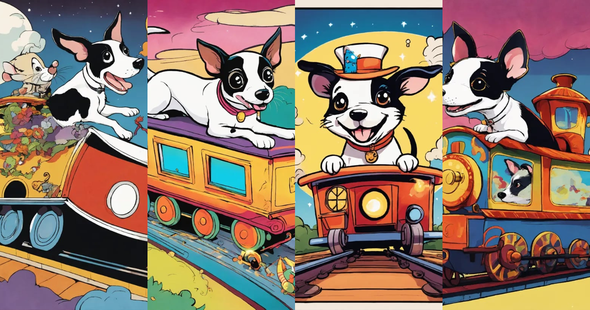 Lexica - A smiling magic train with a black and white rat terrier ...