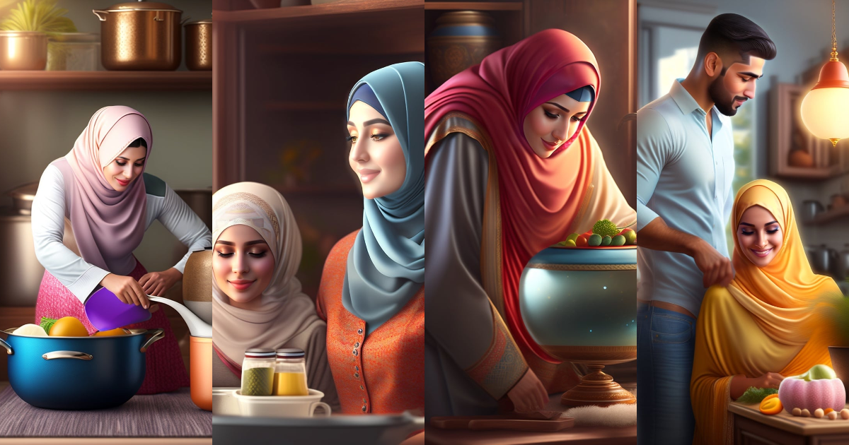 Lexica - Muslim couple beautiful, husband helping with household chores ...