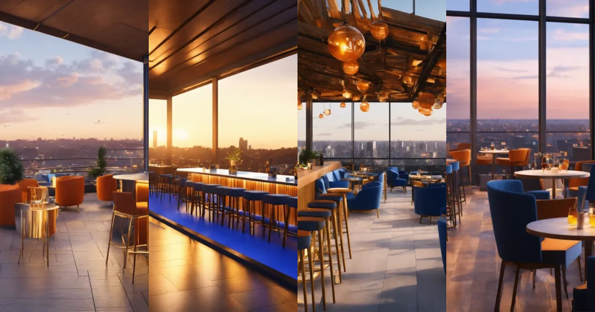 Lexica - A rooftop bar with blue chairs in large windows, in the style of d5 render, vray ...