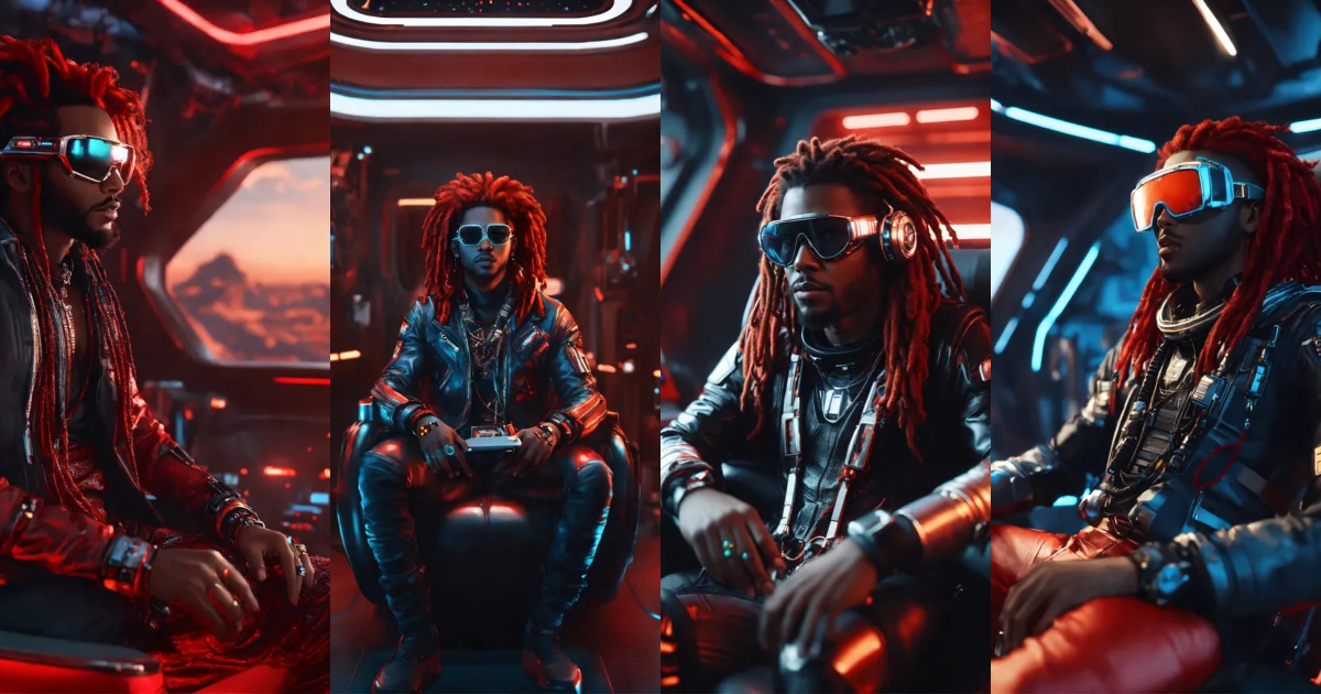 Lexica - Zoom out of a black alien male rockstar with AR glasses and ...