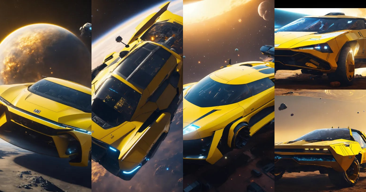 Lexica - Sleek flying yellow beat up futuristic clunker car shooting ...