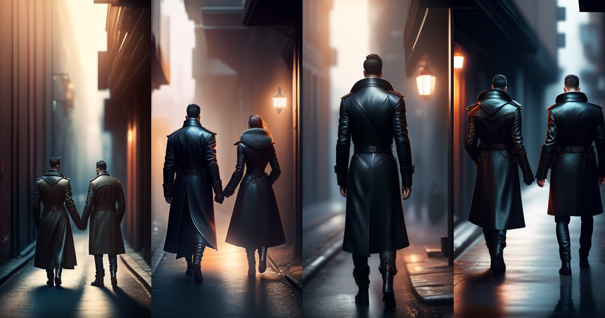 Lexica - Full body, alleyway, trenchcoats, holding hands, dramatic ...