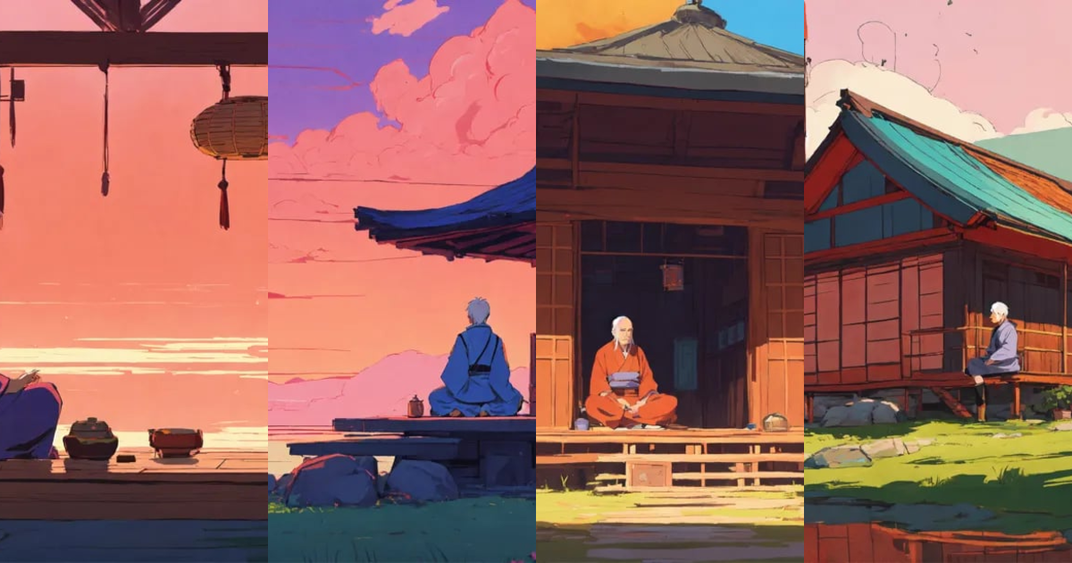 Lexica - Digital art of a zen master sitting near a hut, cartoony style ...