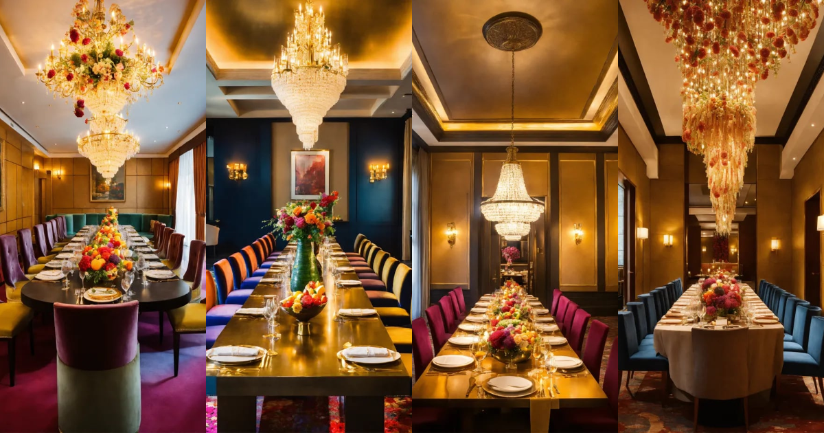 Lexica - Modern upscale hotel, private dining hall, long table, gold ...