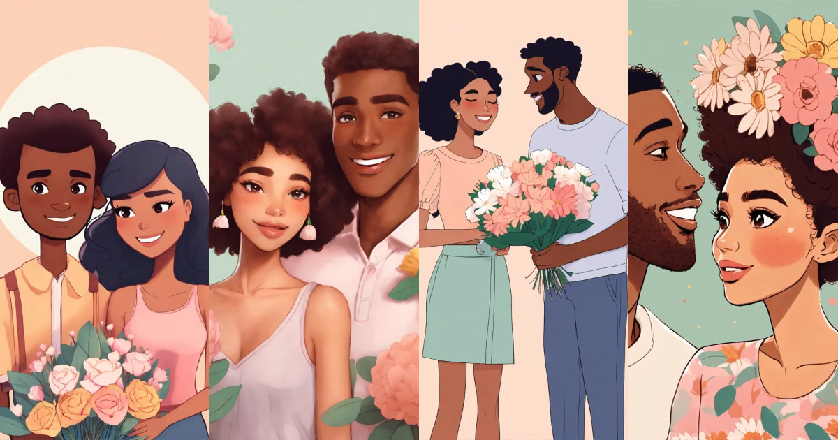 Lexica - Mixed race cartoon couple characters in pastel colors man ...