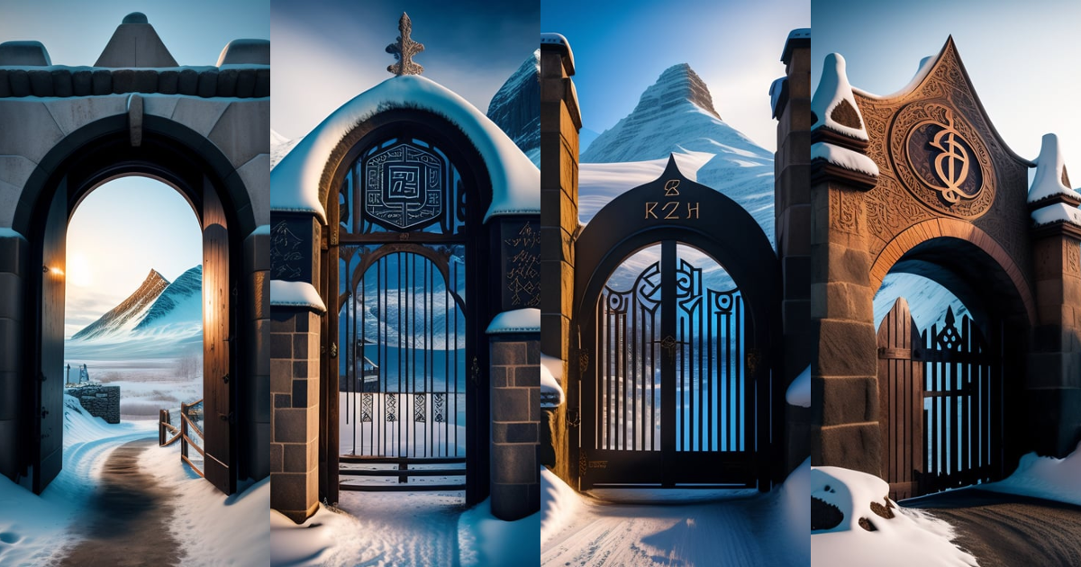 Lexica - Big frozen medieval gate with runic scriptures in the mountain