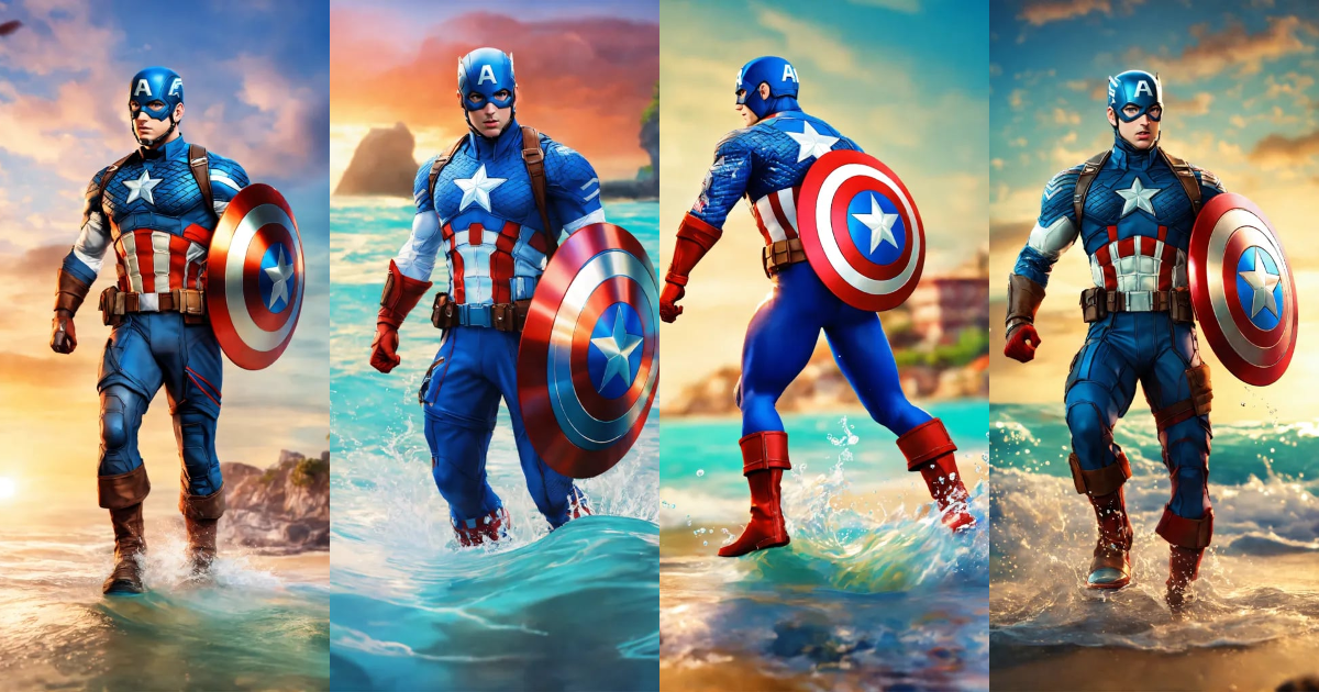 Lexica - Captain America swimming on the seaside full-body, colorful ...