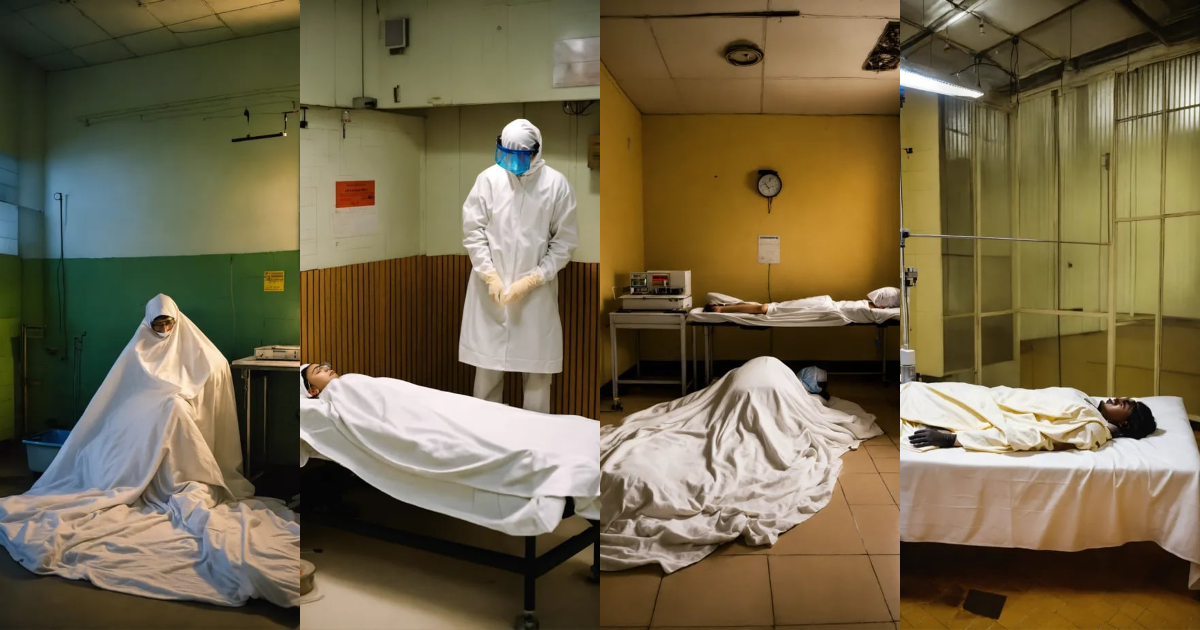 Lexica - A lifeless person covered with white bedsheet in forensic lab