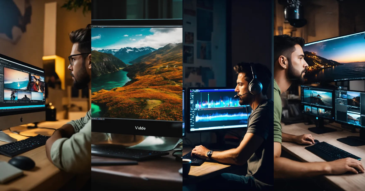 Lexica - Man editing vidoe on pc orizontal images fullhd real