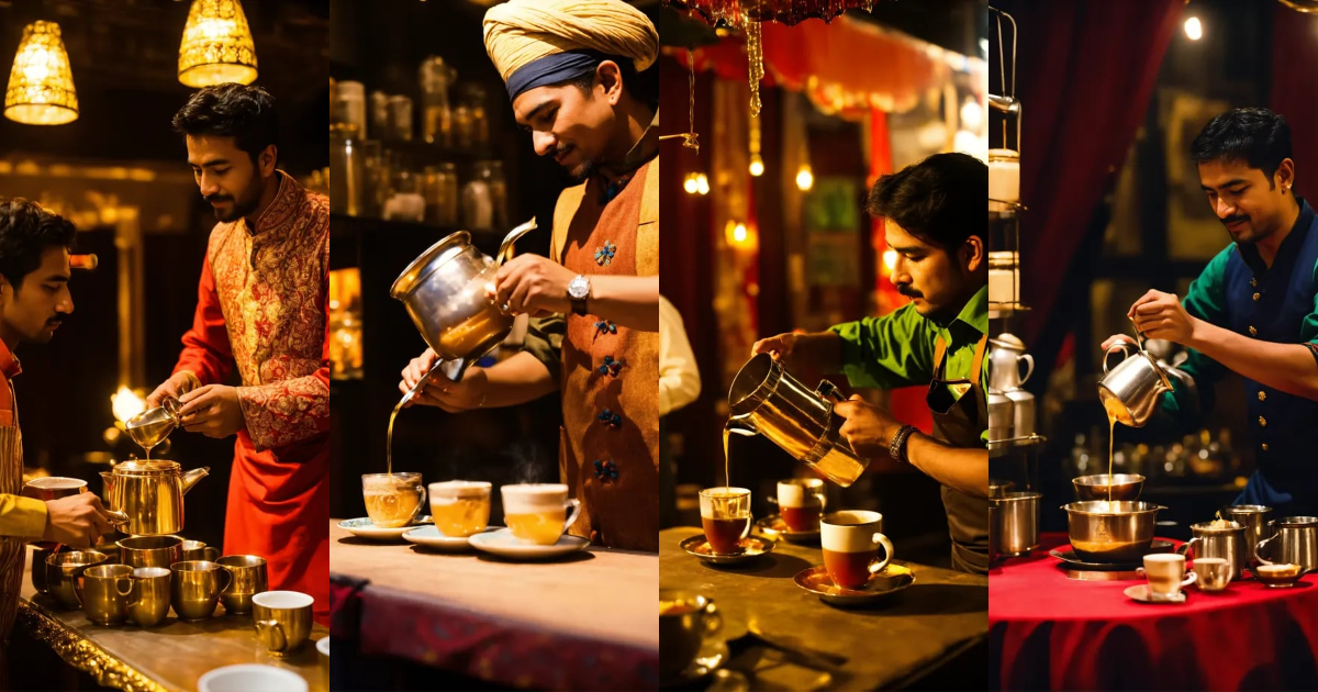Lexica - Chai master pouring Chai tea from one cup to another cup that ...