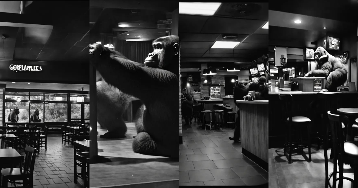 Lexica - Grainy black and white Security camera footage of gorillas in ...