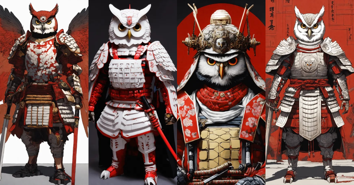 Lexica - Owl humanoid, samurai armor, white, black, red, Katsuhiro ...