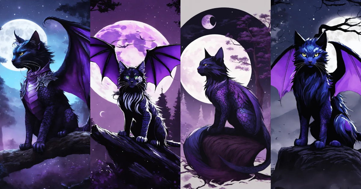 Lexica - Black White purple Dragon Cat with wings the wizard, fantasy ...