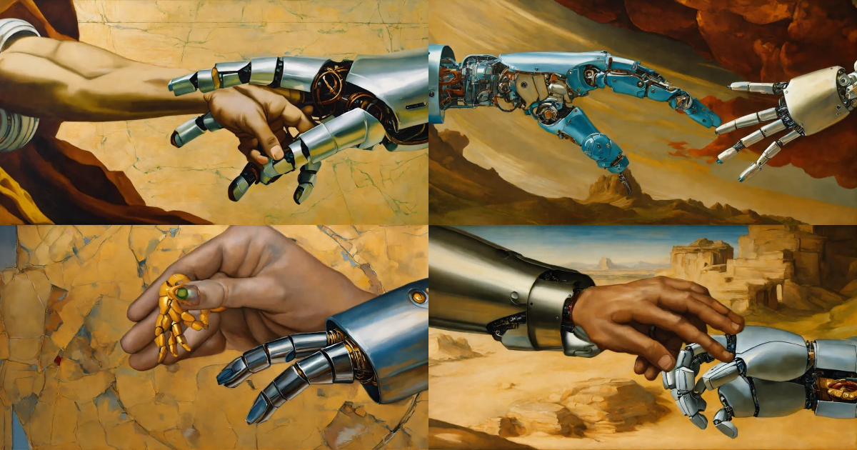 Lexica - A painting of A robot hand connecting to a human hand like the ...