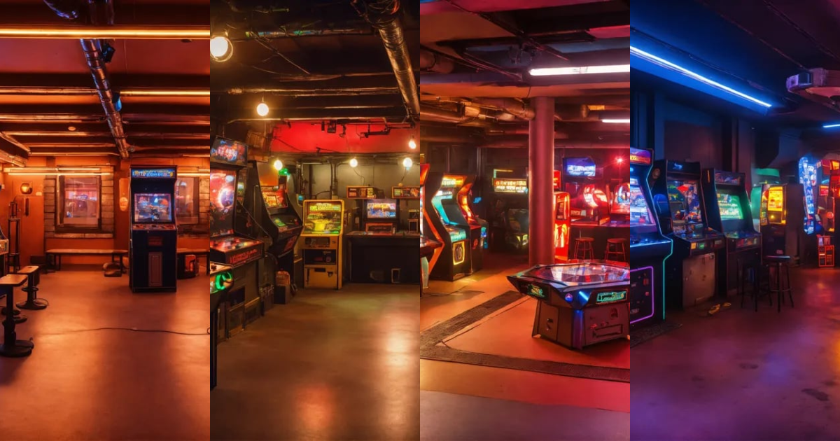 Lexica - Sci Fi tech base of operations with arcade machine, lots of ...