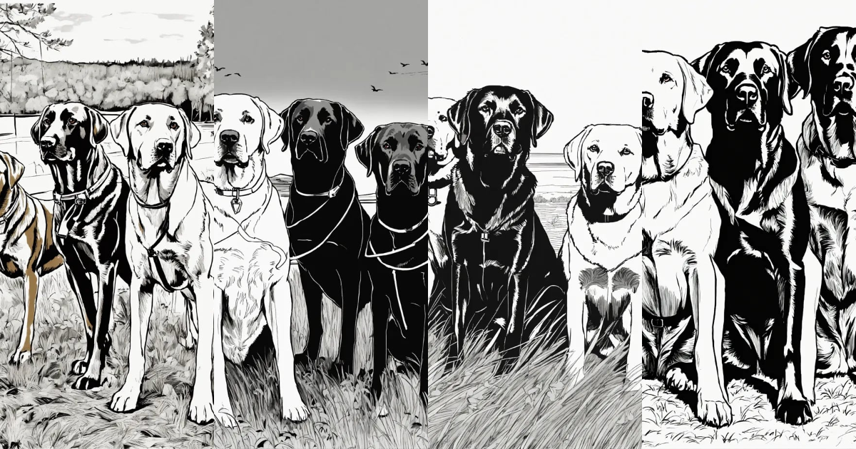 Lexica - Black and white bold line drawing, three Labrador retrievers ...