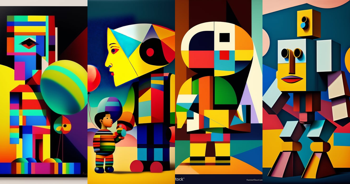 Lexica - Picasso cubist robot with boy and balloon