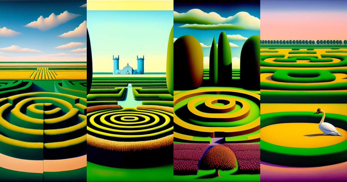 Lexica - Spring Labyrinth, large field with swans, painted by Rene Magritte
