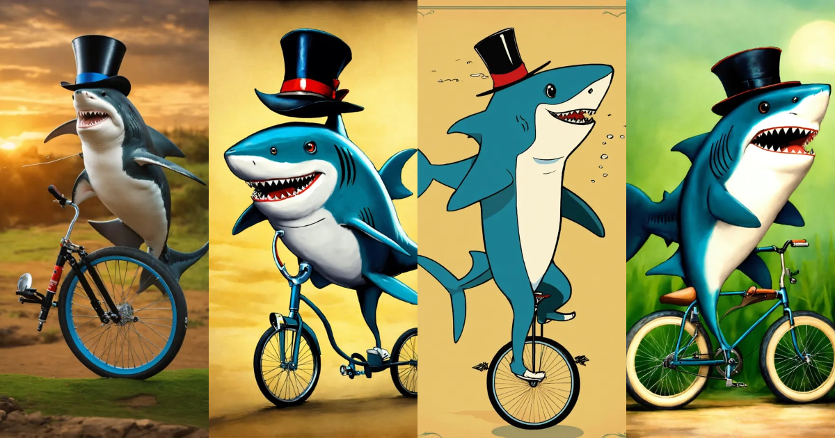 Lexica - A shark riding a unicycle, top hat