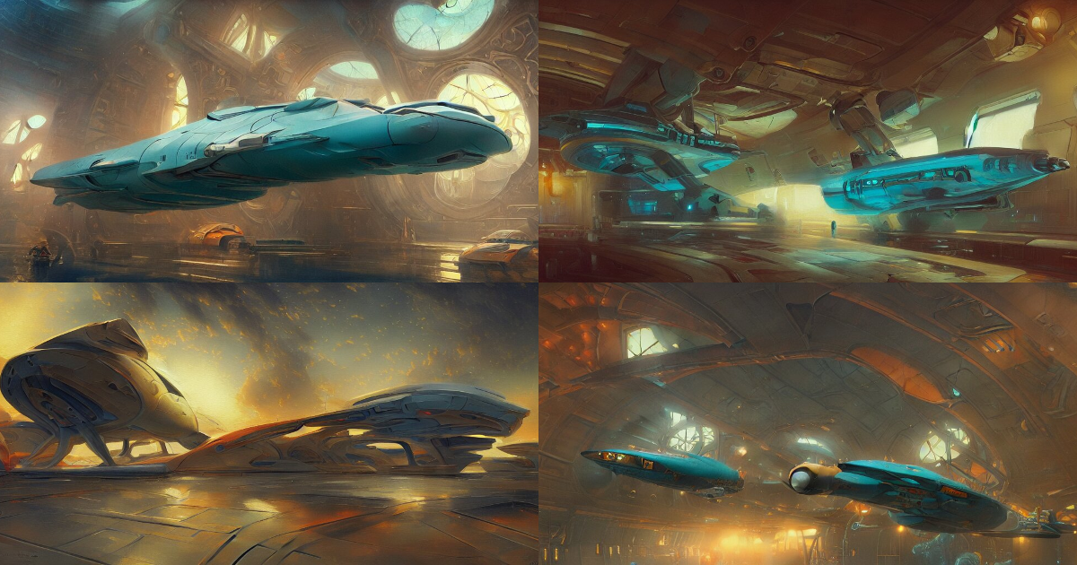 Lexica - Art Nouveau style painting of a Starship in a docking bay by ...